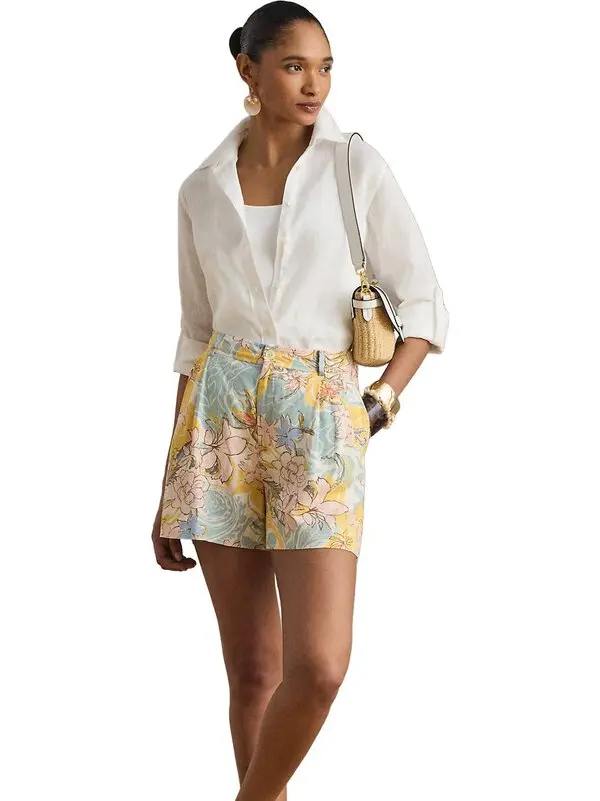 Ralph Lauren Floral Pleated Linen Shorts - Cream/blue Multi