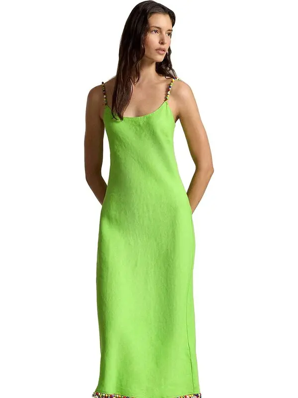 Ralph Lauren Beaded-trim Linen Slip Dress - Riviera Green