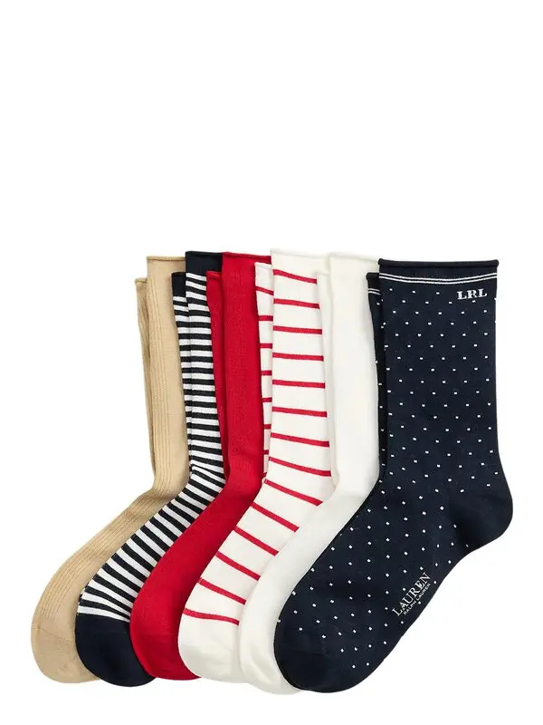 Ralph Lauren Striped & Polka-dot Roll-top Sock 6-pack - Navy/ivory/red/tan