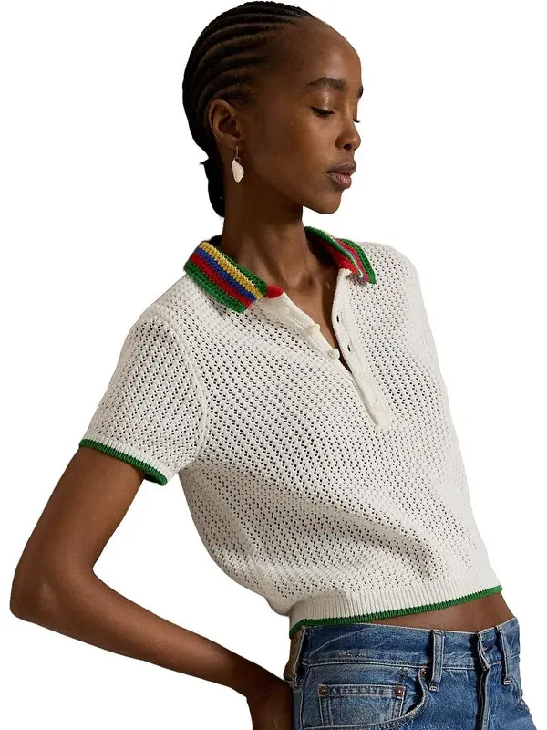 Ralph Lauren Striped-collar Pointelle Polo Shirt - White Multi