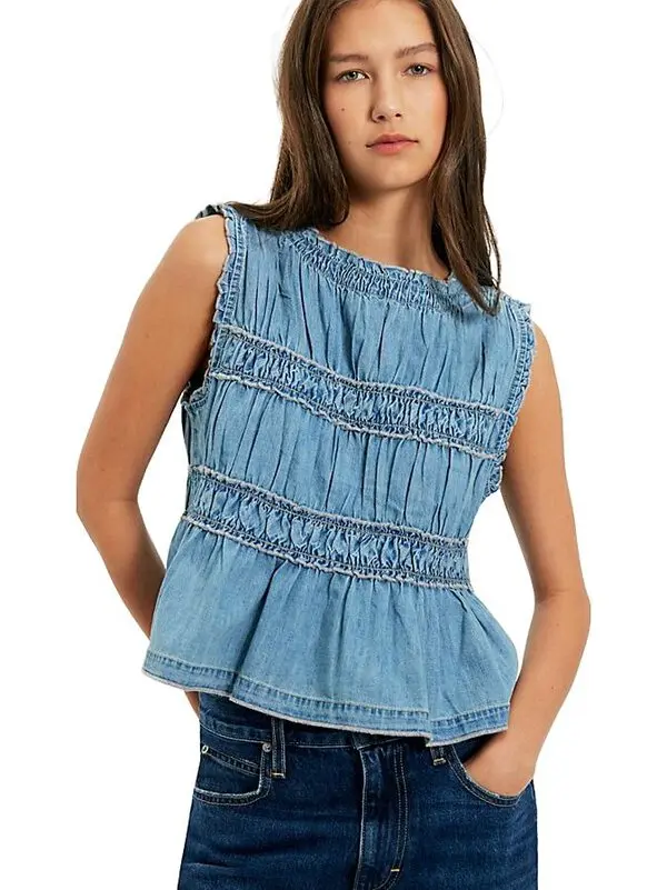 Free People We The Free Mia Shirred Denim Top - Light Wash Blue
