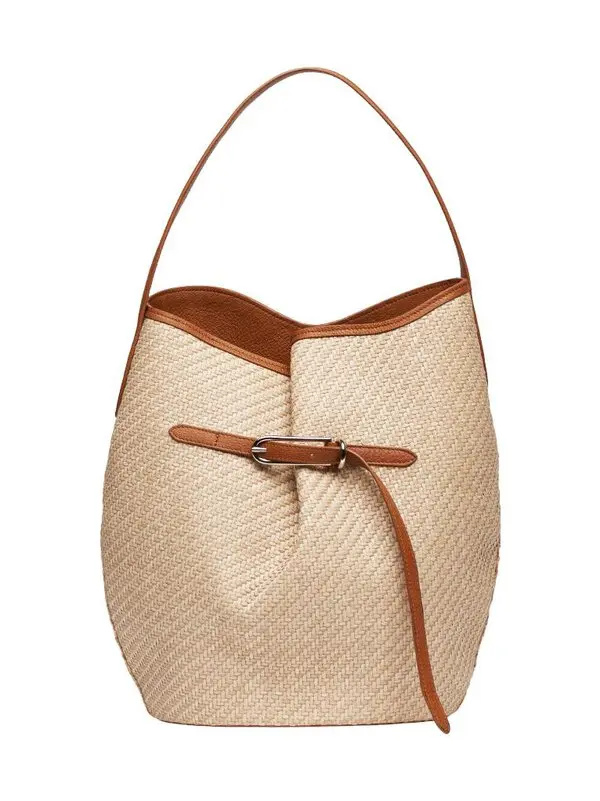 LIFFNER Large Raffia Belted Bucket Bag - Beige