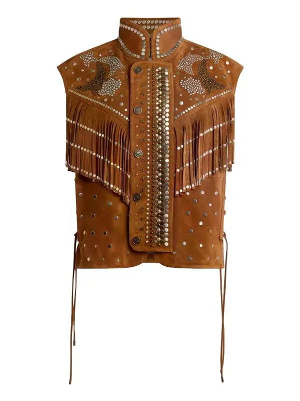 Etro Studded Fringed Leather Gilet - Brown