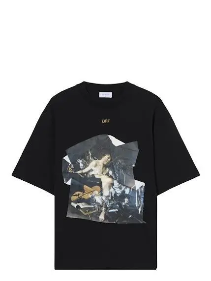 Off-White Cupid Paper Skate Logo Tee Shirt - Black/ocher Yellow