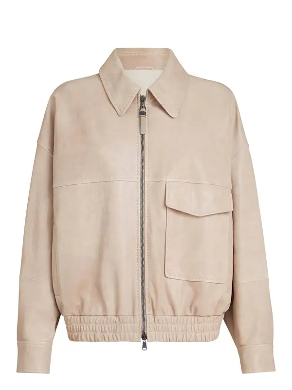 Brunello Cucinelli Leather Bomber Jacket - Beige