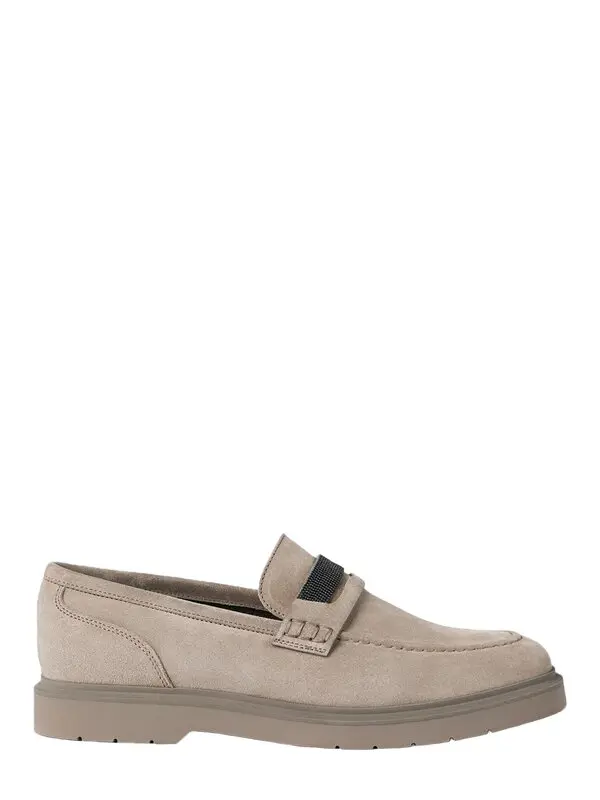 Brunello Cucinelli Suede Monili Penny Loafers - Beige