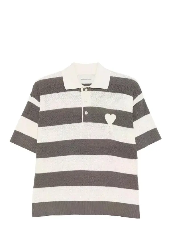 AMI Paris Striped Heart Polo Shirt - Grey