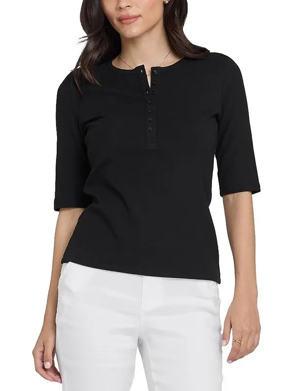 NYDJ Ribbed Elbow Sleeved Henley Top - Black