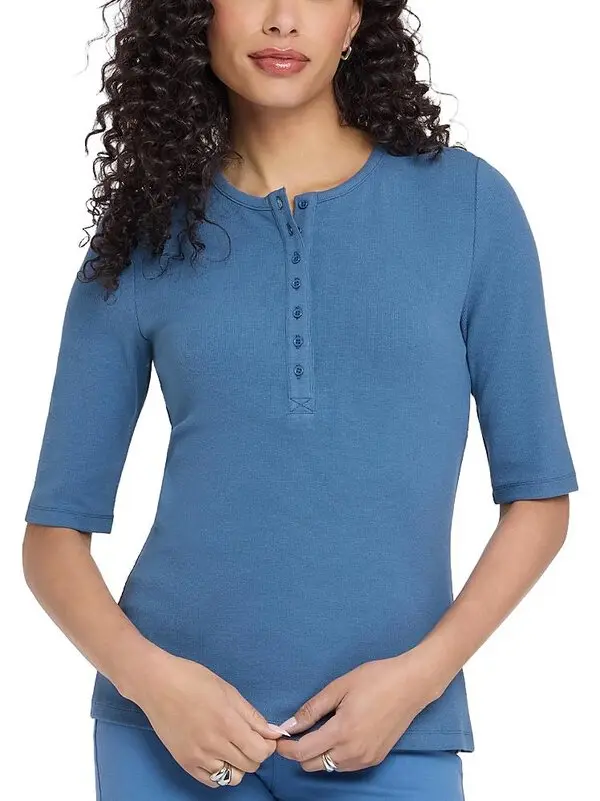 NYDJ Ribbed Elbow Sleeved Henley Top - Indigo Melody