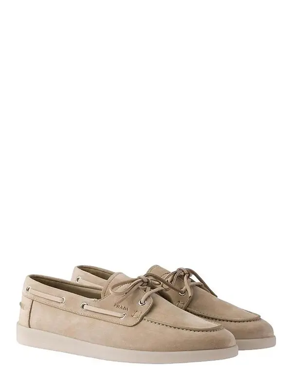 Prada Suede Lace-up Boat Shoes - Neutral