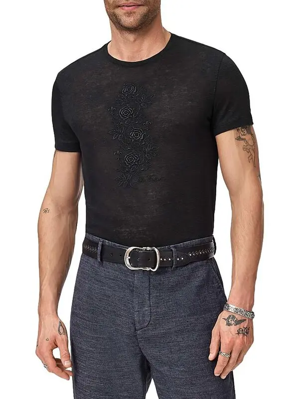John Varvatos Rose Vine Embroidery Linen Crewneck Tee - Black