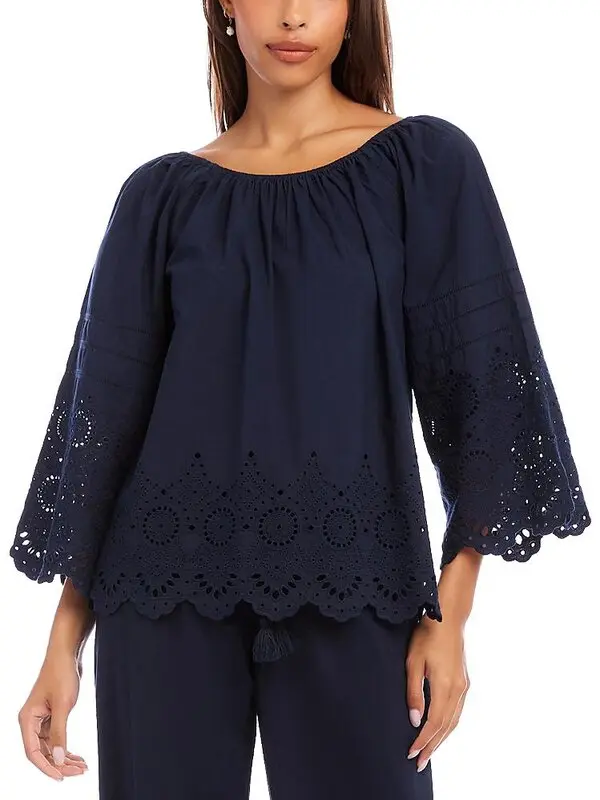 Karen Kane Flare Sleeve Embroidered Top With Scallop Edge - Navy