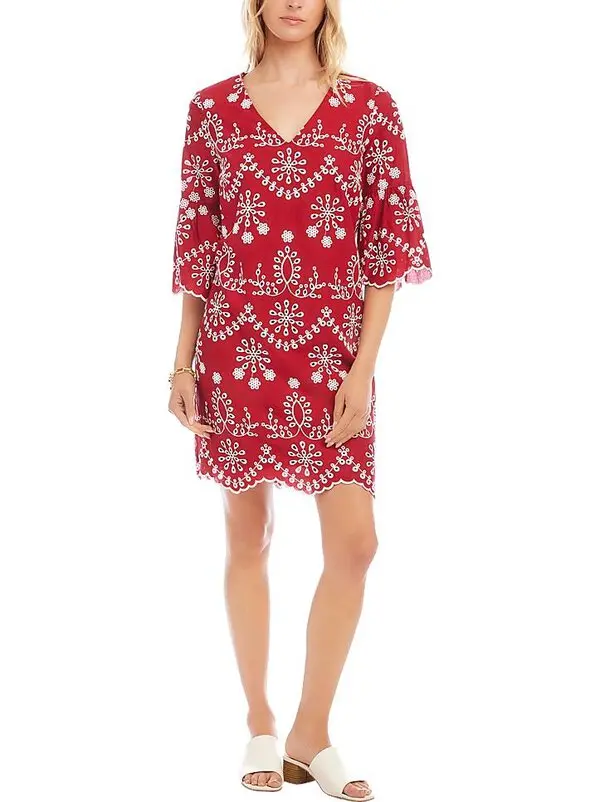 Karen Kane Flare Sleeve Embroidered Dress - Red/ Off White
