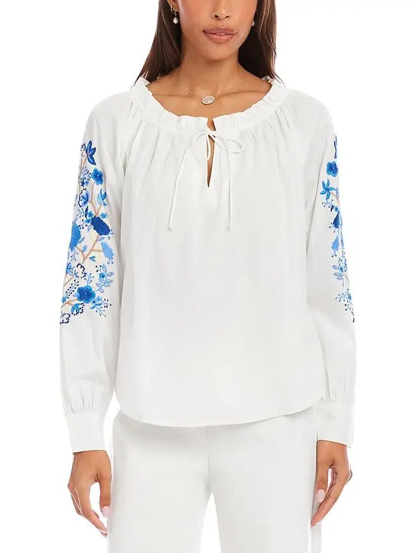 Karen Kane Embroidered Blouson Sleeve Peasant Top - Off White