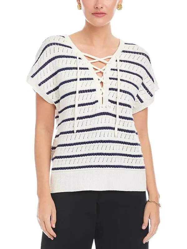 Fifteen Twenty Crochet Stripe Lace Up Sweater - Off White