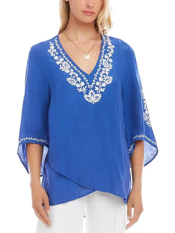 Karen Kane Embroidered Asymmetric Top - Blue