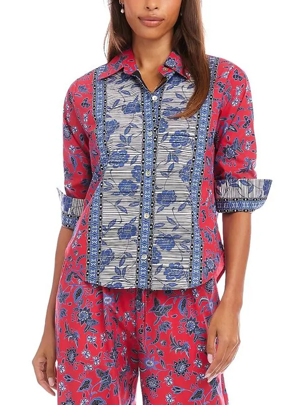 Karen Kane Ruched Sleeve Border Print Shirt - Red