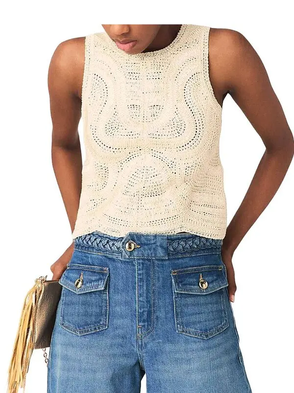 Maje Sleeveless Crochet Knit Top - Beige