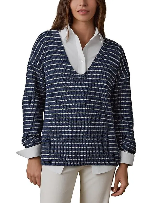Faherty Brand Miramar Deep V Sweater - Navy Stripe