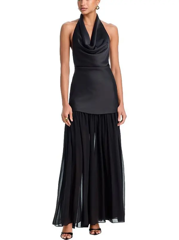 Aqua Cowl Neck Drop Waist Gown - Black
