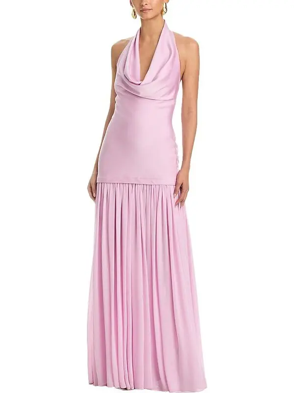 Aqua Cowl Neck Drop Waist Gown - Pink