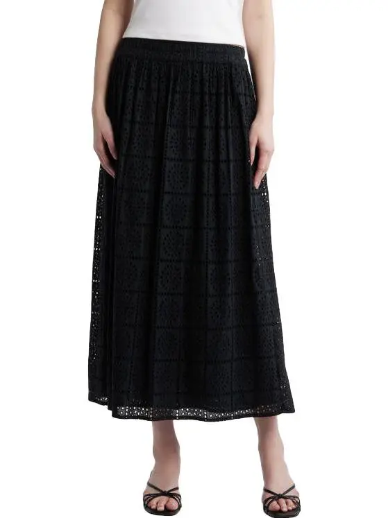 Rails Dax Cotton Eyelet Midi Skirt - Black Grid Embroidery