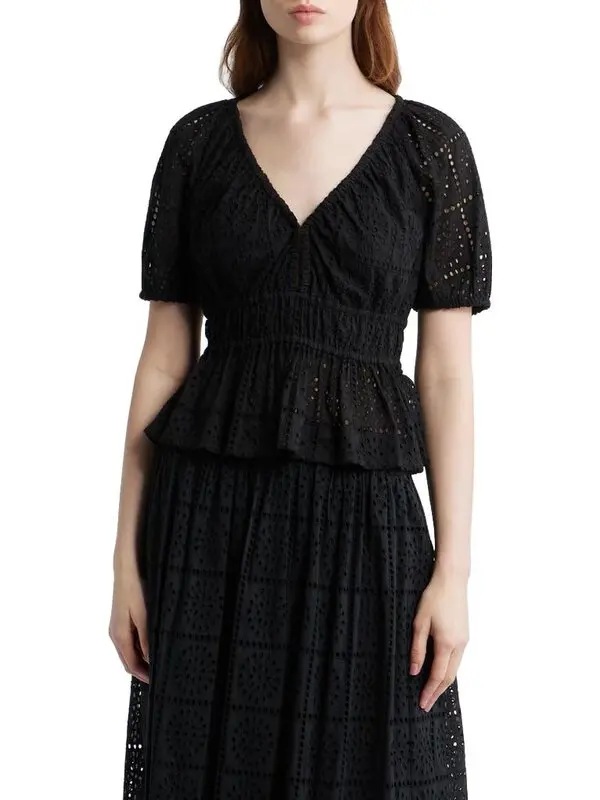 Rails Argenta Cotton Eyelet Peplum Top - Black Grid Embroidery