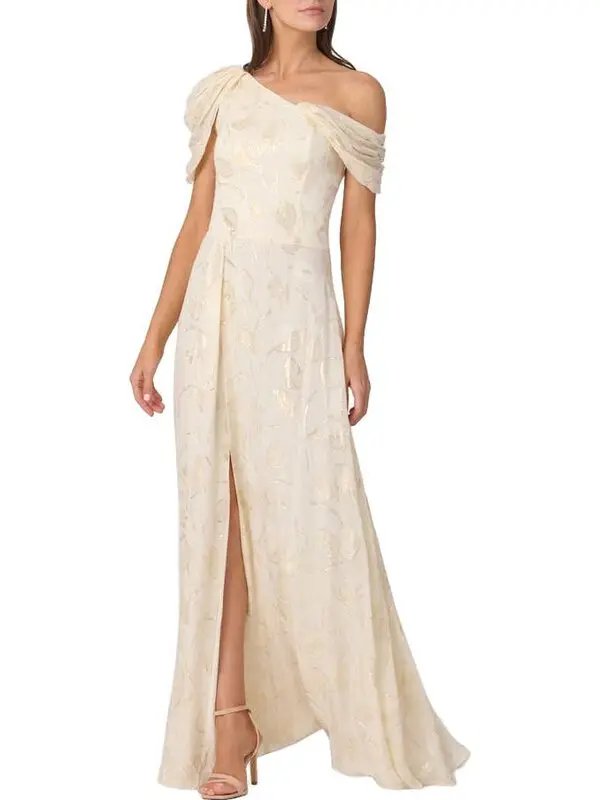 Shoshanna Lurex Chiffon Penelope Dress - Ivory/gold