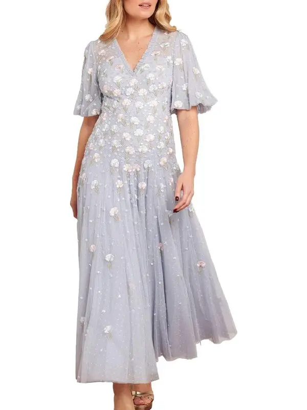 NEEDLE & THREAD Dandelion Ditsy Embroidered Tulle Gown - Skylight
