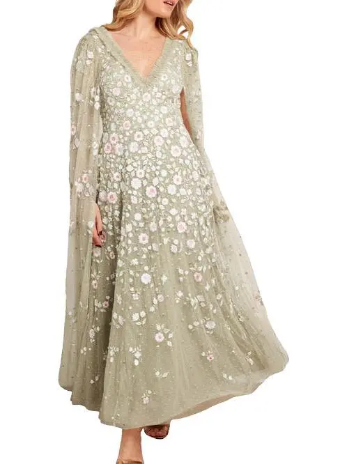 NEEDLE & THREAD Ethereal Blooms Cape Sleeve Ankle Gown - Aloe/multi