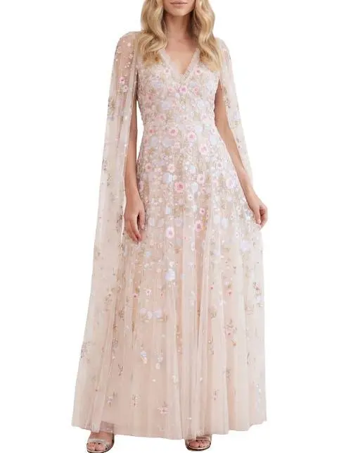 NEEDLE & THREAD Ethereal Blooms Cape Sleeve Ankle Gown - Cream/multi
