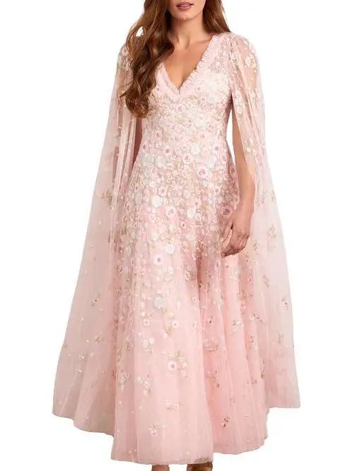 NEEDLE & THREAD Ethereal Blooms Cape Sleeve Ankle Gown - Seashell/multi