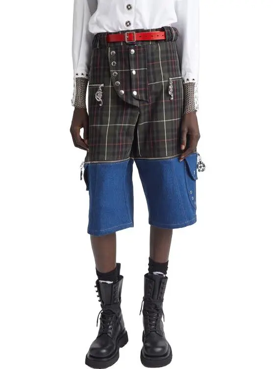 CHOPOVA LOWENA Tartan Extension Shorts With Detachable Denim Panels - Blue And Green Multi