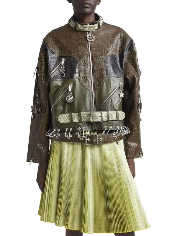 CHOPOVA LOWENA Inversion Lace-up Leather Jacket - Green Multi