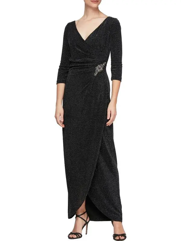 Alex Evenings Metallic Knit Gown - Black Silver