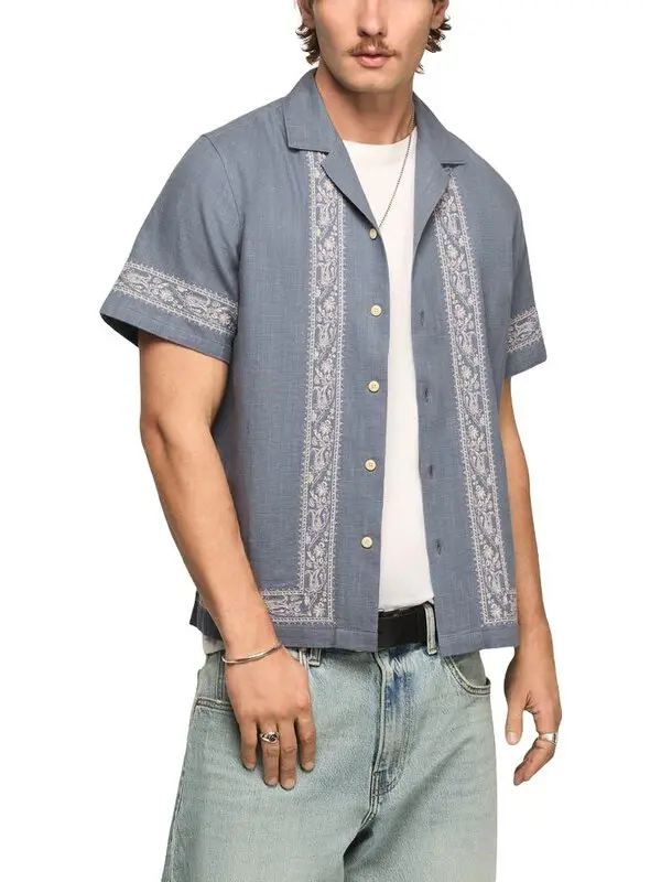 Lucky Brand Embroidered Cotton Blend Camp Shirt - Blue Multi