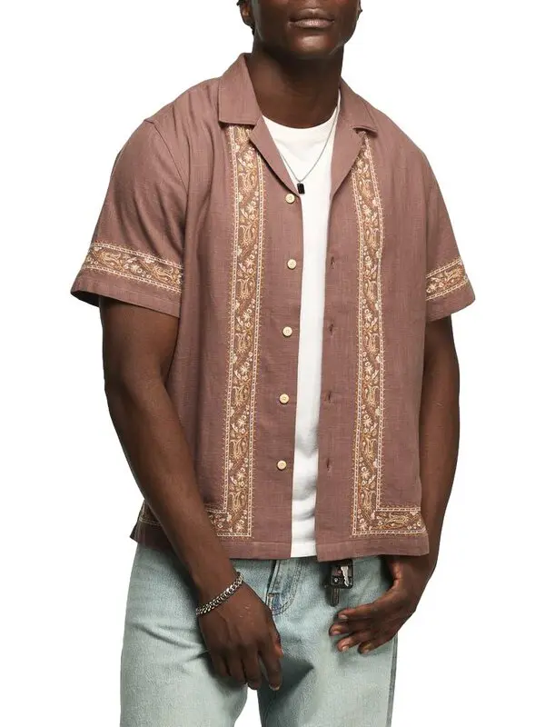 Lucky Brand Embroidered Cotton Blend Camp Shirt - Brown Multi