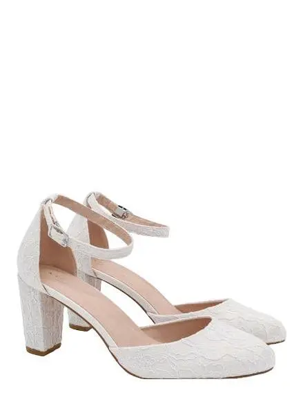 KAILEE P Jasmin Lace Block Heel With Ankle Strap - White