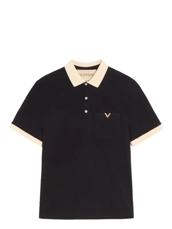 Valentino Garavani Polo Shirt In Cotton Piquet With Vgold - Black/butter