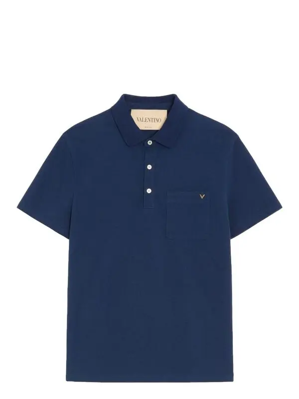 Valentino Garavani Polo Shirt In Cotton Piquet With Vgold - Blue