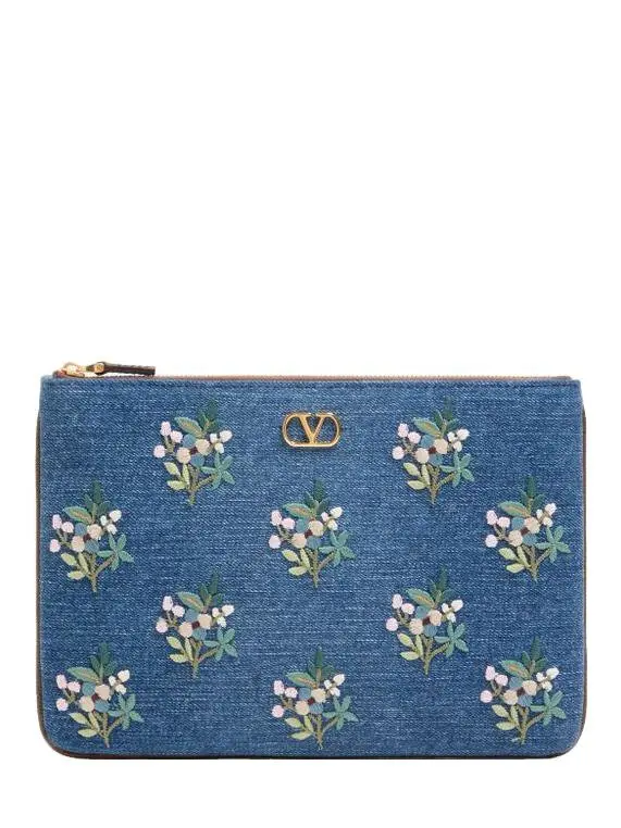 Valentino Garavani Vlogo Signature Clutch With Floral Embroidery - Denim