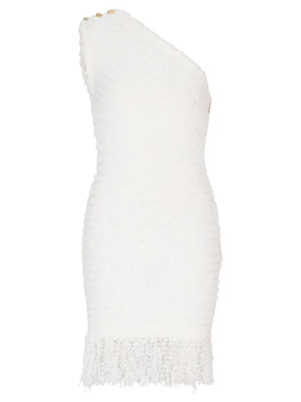 Balmain Dotted Tweed One-shoulder Dress - White