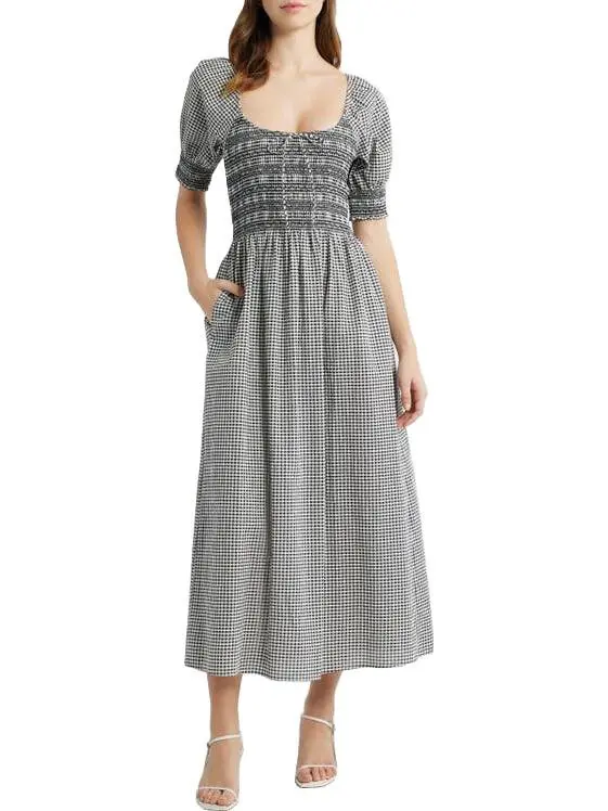 Hill House Home The Madeline Smocked Puff Sleeve Maxi Dress - Black/sand Gingham