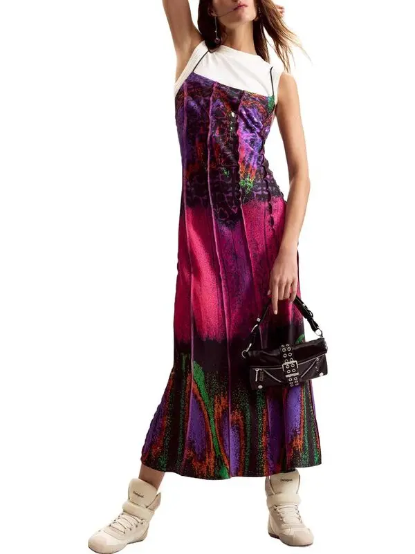Desigual Mixed Media Print Midi Dress - Fuchsia