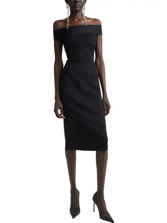 Alexander McQueen Satin & Jacquard Off-the-shoulder Pencil Dress - Black