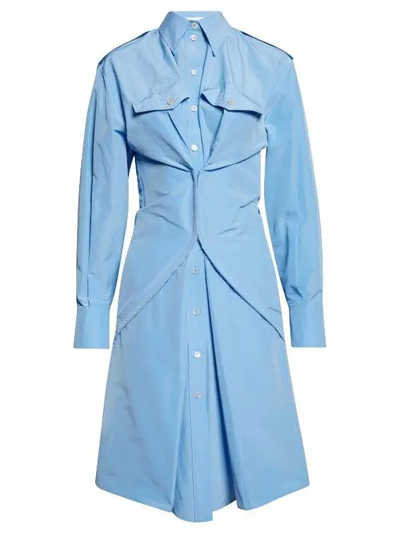 Alexander McQueen Long Sleeve Gathered Cotton Blend Shirtdress - Sky Blue