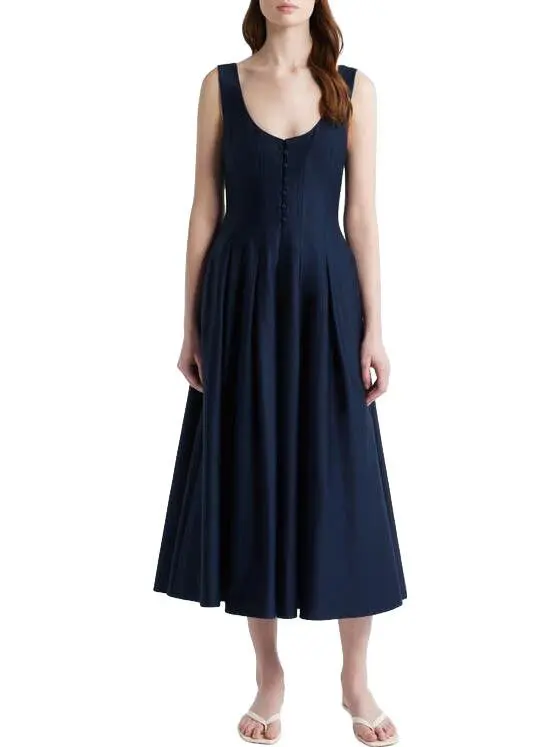 French Connection Pleated Sleeveless Sateen Midi Dress - Marine