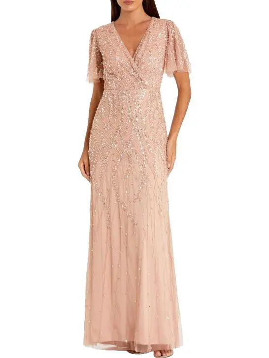 Mac Duggal Embellished Flutter Sleeve Evening Gown - Nude