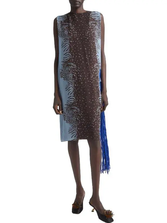 FERRAGAMO Flower Inlay Print Silk Shift Dress - Washed Denim/expresso