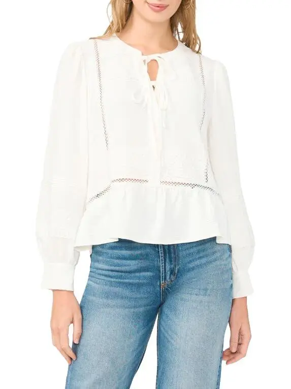 Vince Camuto Lace Yoke Tie-front Long-sleeve Top - Ultra White
